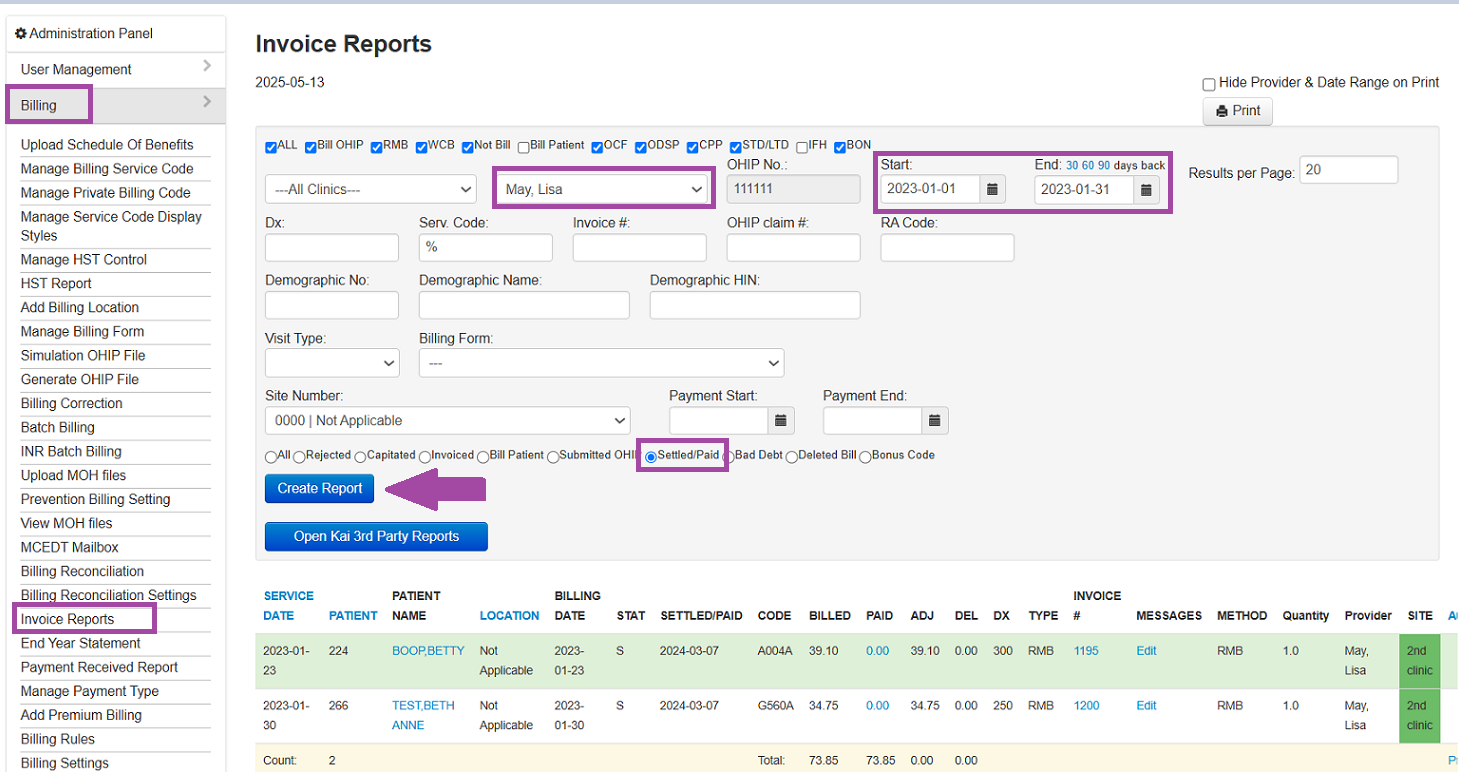 Running Settled/Paid Invoice Reports - ON – Oscar Pro Support