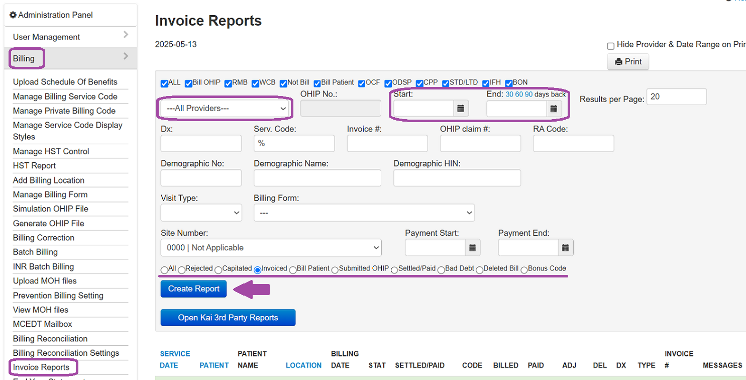 Submitted OHIP Invoice Reports - ON – Oscar Pro Support