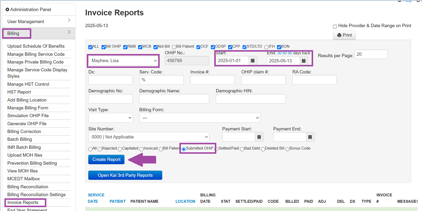 Submitted OHIP Invoice Reports - ON – Oscar Pro Support